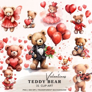 Valentines Teddy Bear Clipart, Watercolor Teddy Valentines Clipart ...