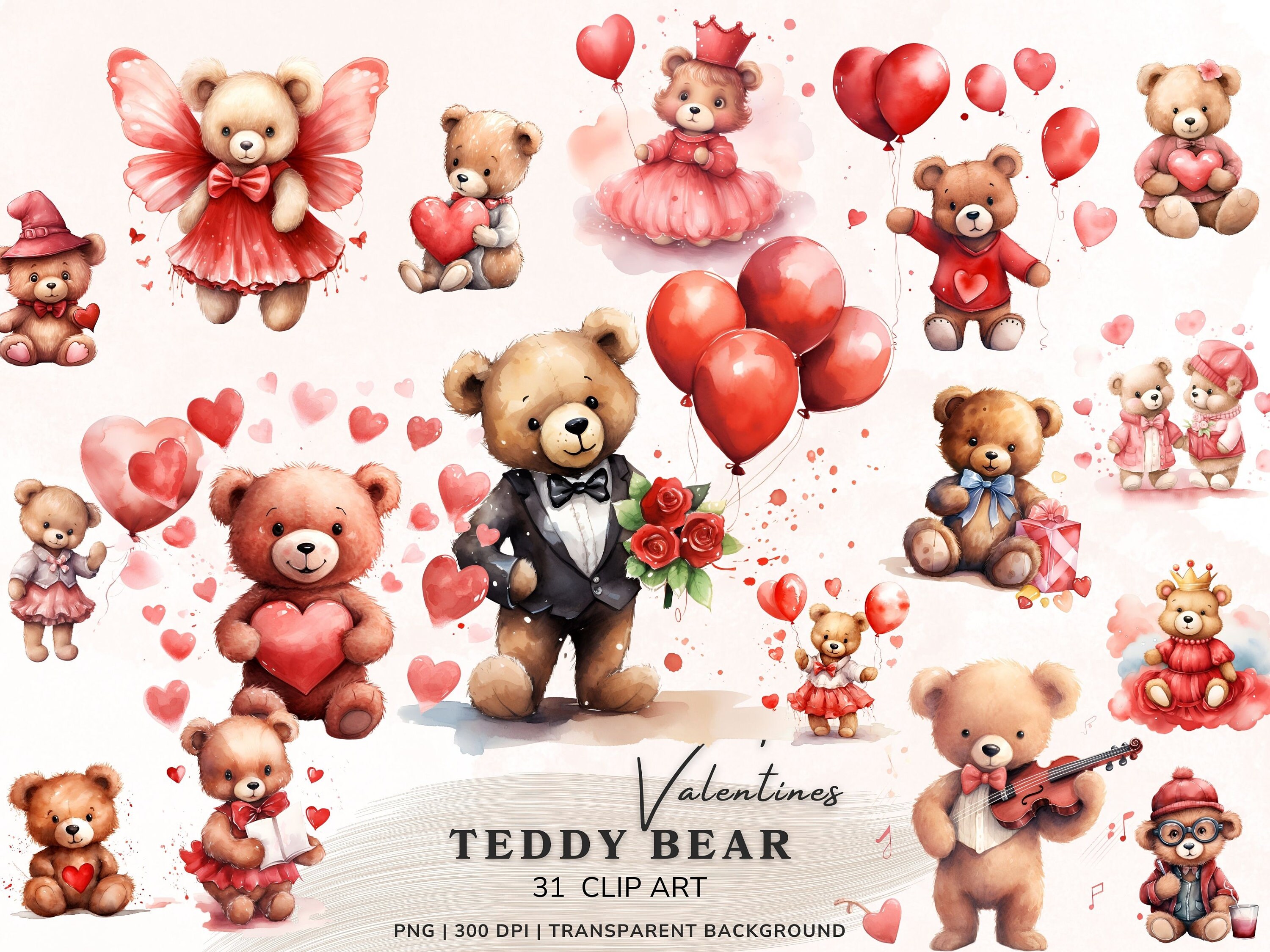 Valentines Teddy Bear Clipart, Watercolor Teddy Valentines Clipart ...