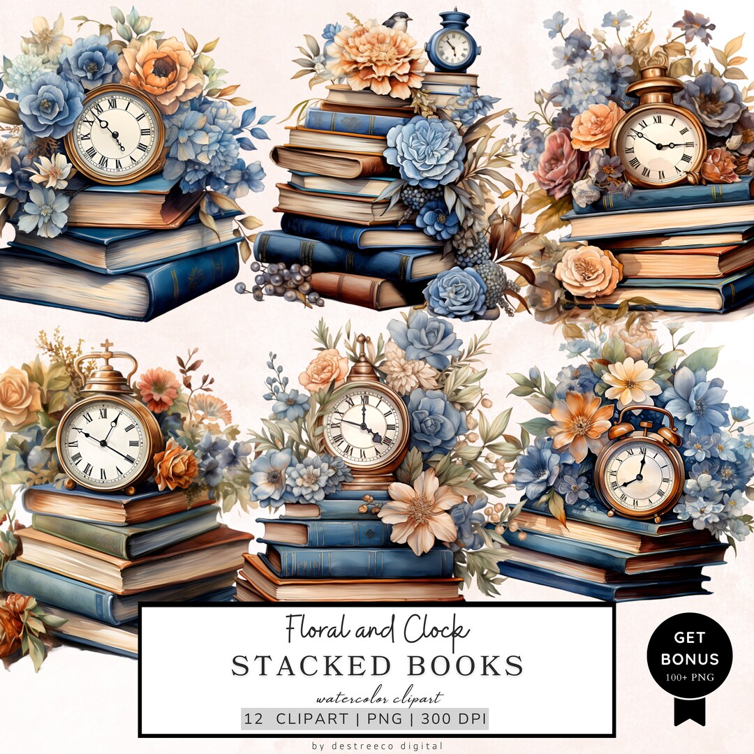 Stacked Books Clipart With Clocks and Flowers, Vintage Books Clipart ...