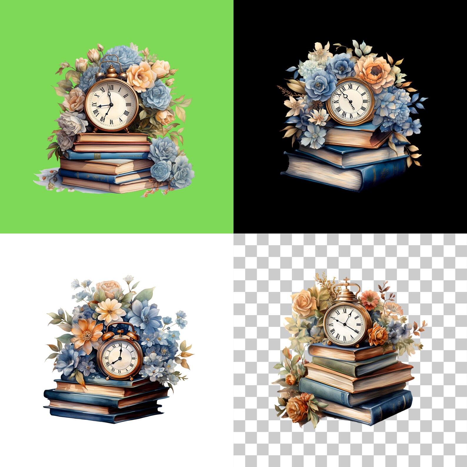 Stacked Books Clipart With Clocks and Flowers, Vintage Books Clipart ...
