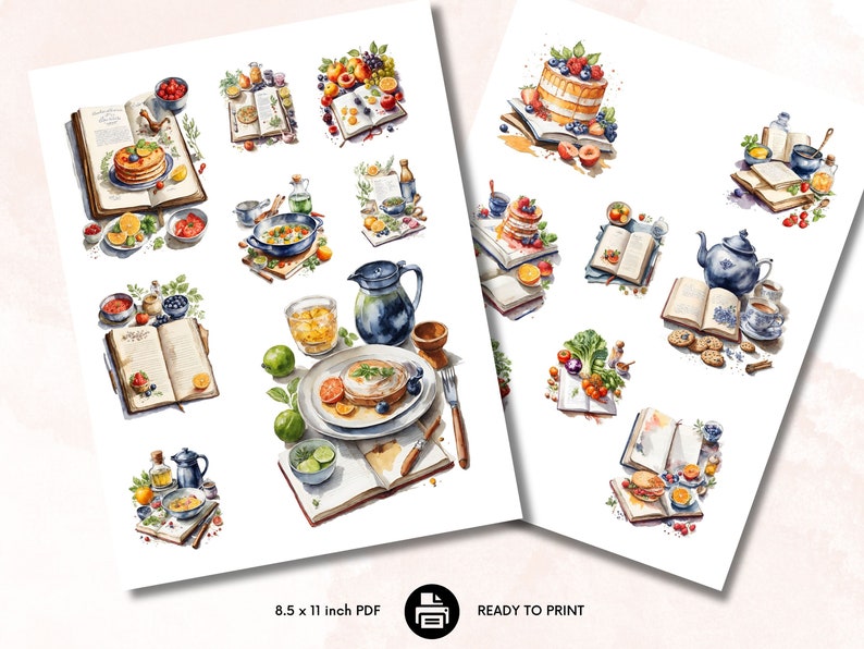 Watercolor Clipart Recipe Book, Cookbook PNG Clipart Collection ...