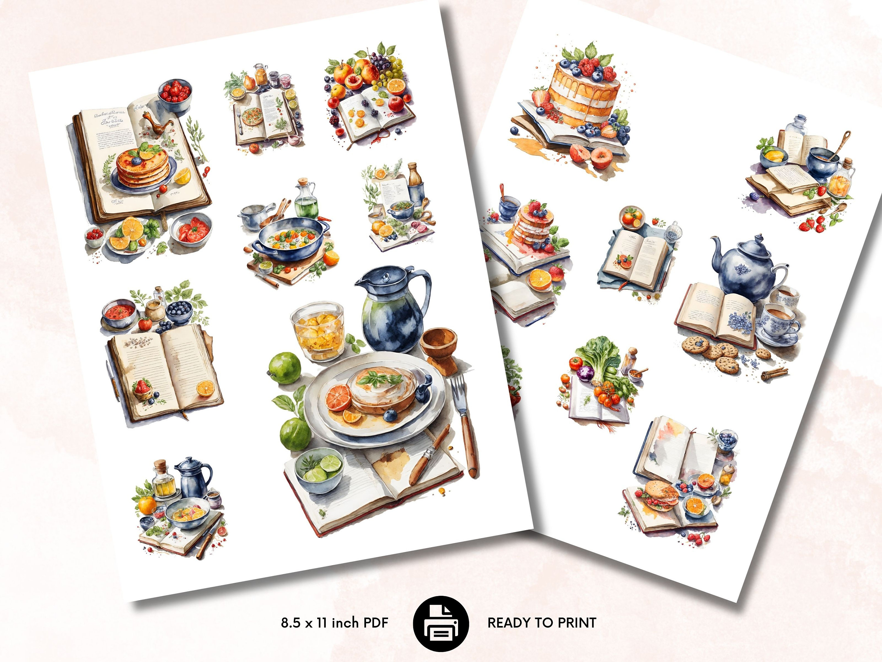 Watercolor Clipart Recipe Book, Cookbook PNG Clipart Collection ...