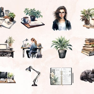 Watercolor Planner Girl Clipart, Black Planning Clipart Bundle, Coffee ...