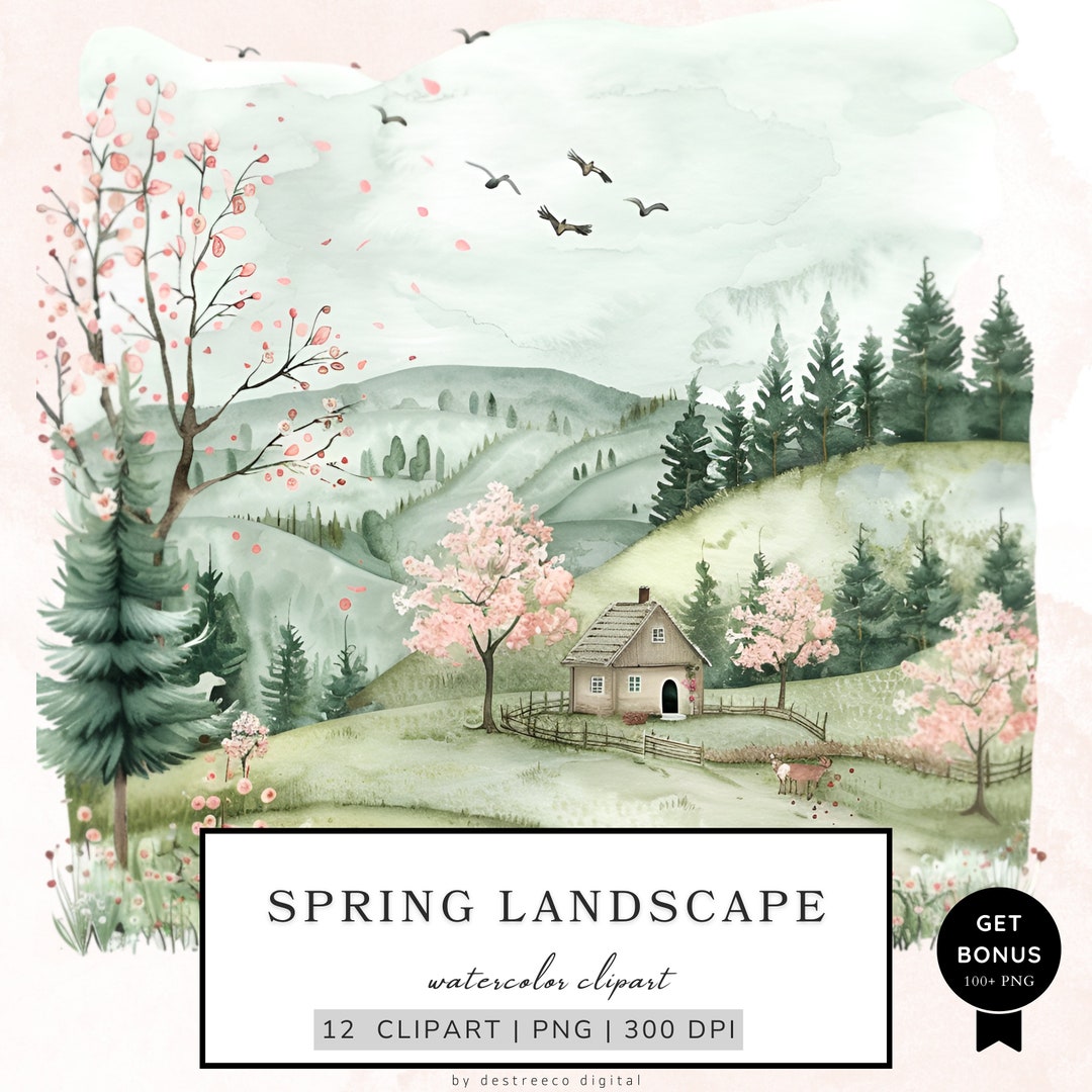 Watercolor Spring Landscape Clipart, Spring Clipart, Forest Clipart, Spring Floral Png, Junk ...