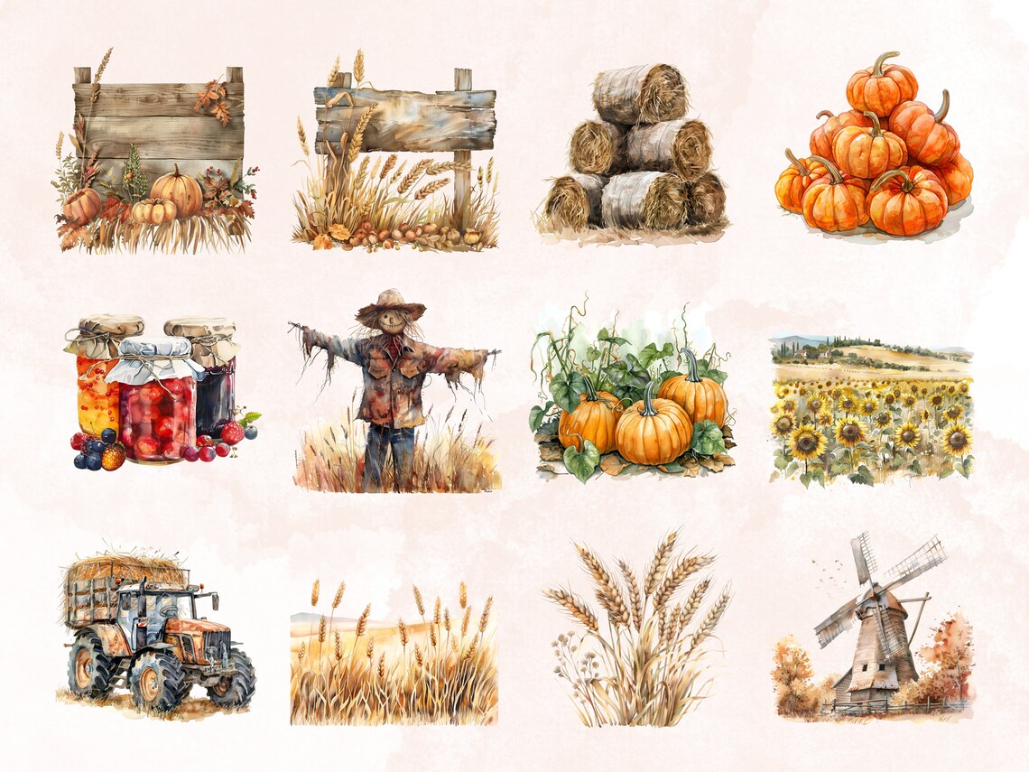 Watercolor Autumn Clipart, Harvest Time Png Bundle, Cozy Autumn, Fall ...