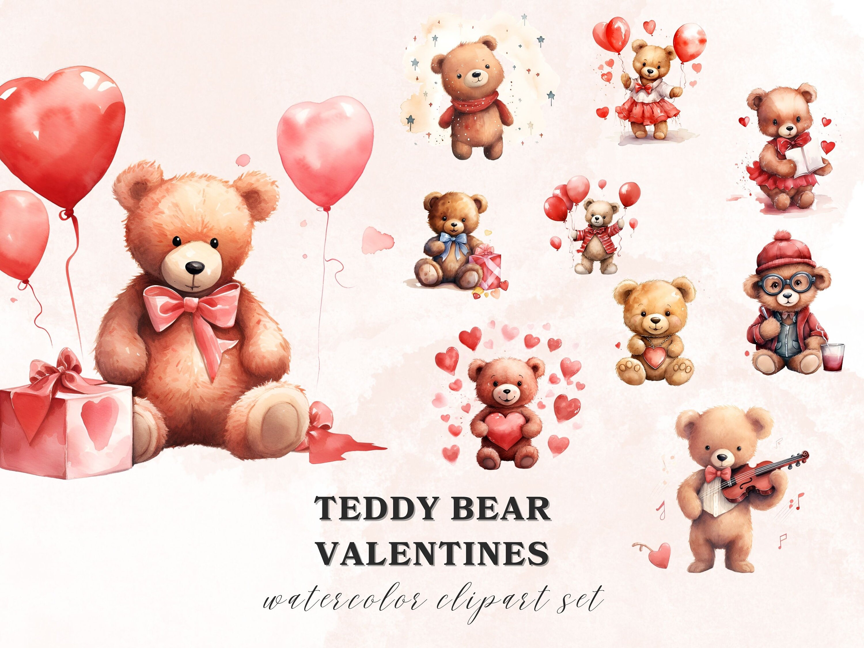Valentines Teddy Bear Clipart, Watercolor Teddy Valentines Clipart ...