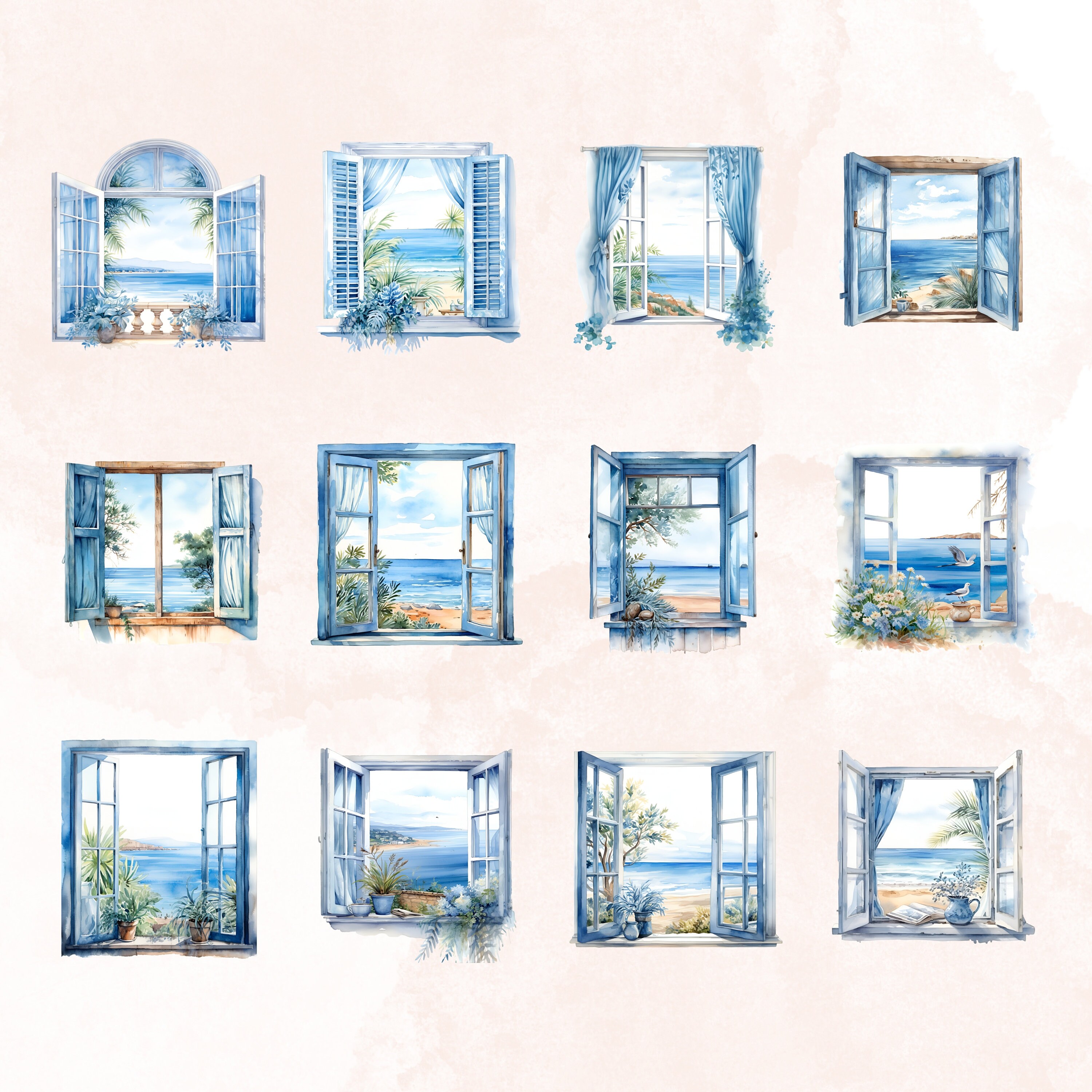 Watercolor Window Ocean View Clipart, Ocean Clipart, Window to Sea ...