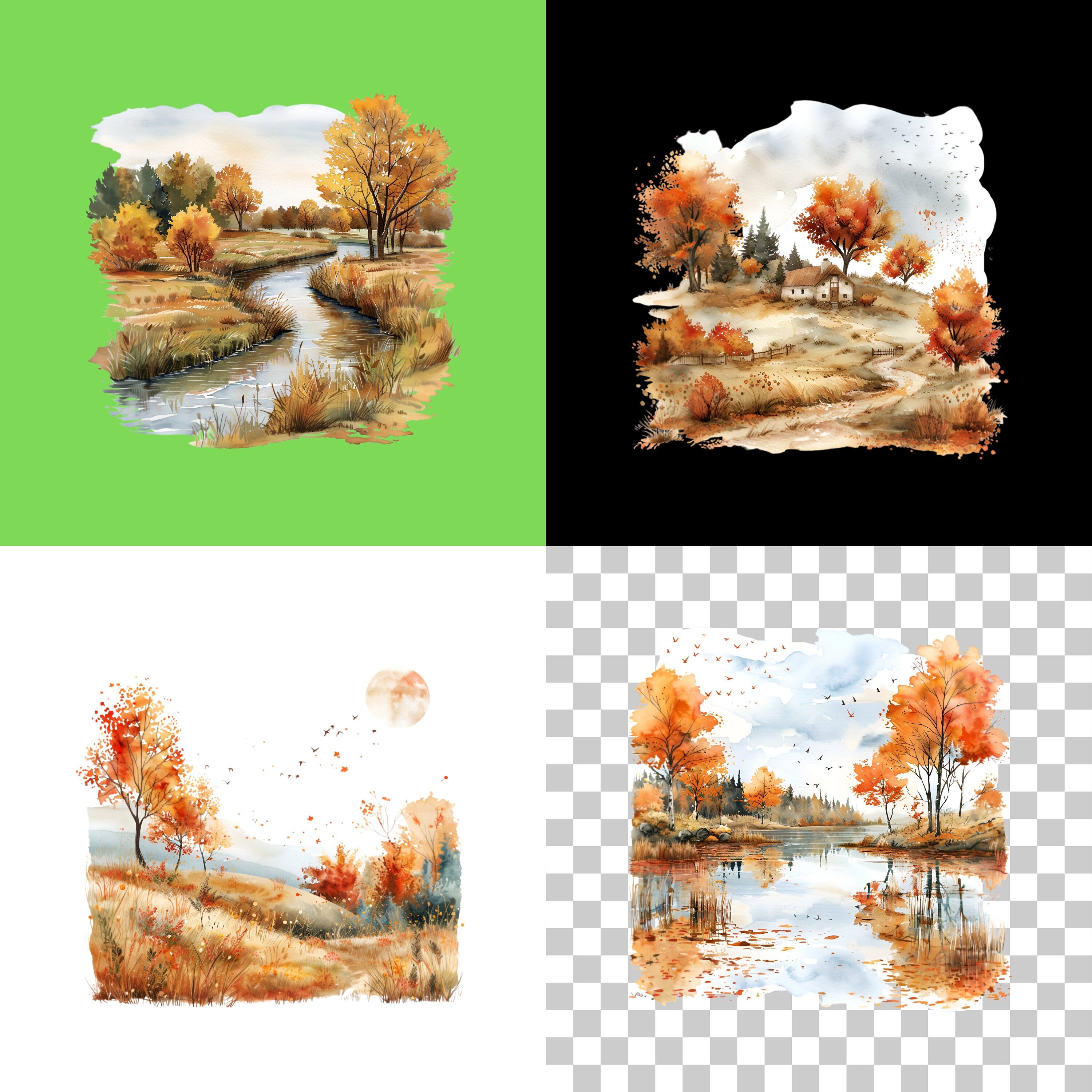 Watercolor Autumn Lakeside Clipart, Autumn Forest Landscape, Fall ...