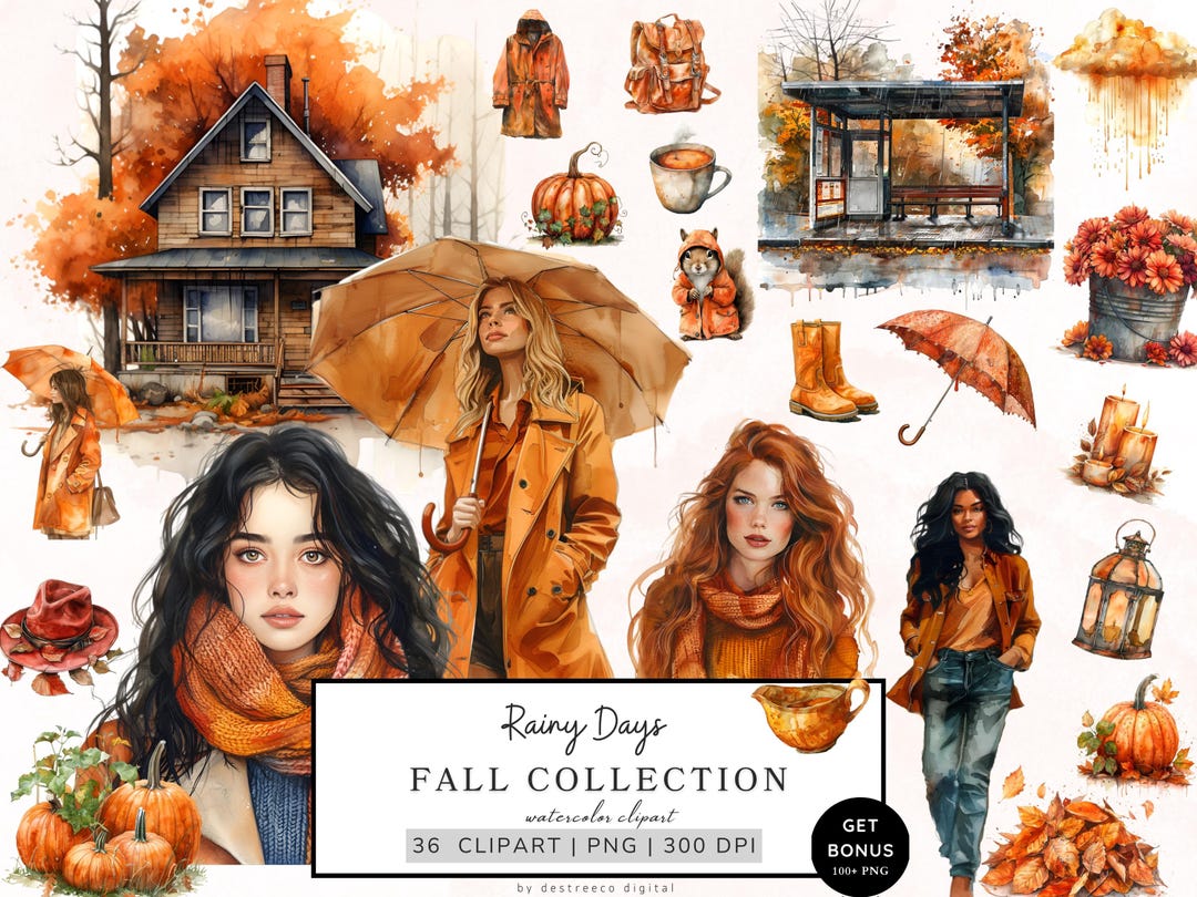 Watercolor Autumn Clipart, Fall Rainy Days Png Bundle, Cozy Autumn ...