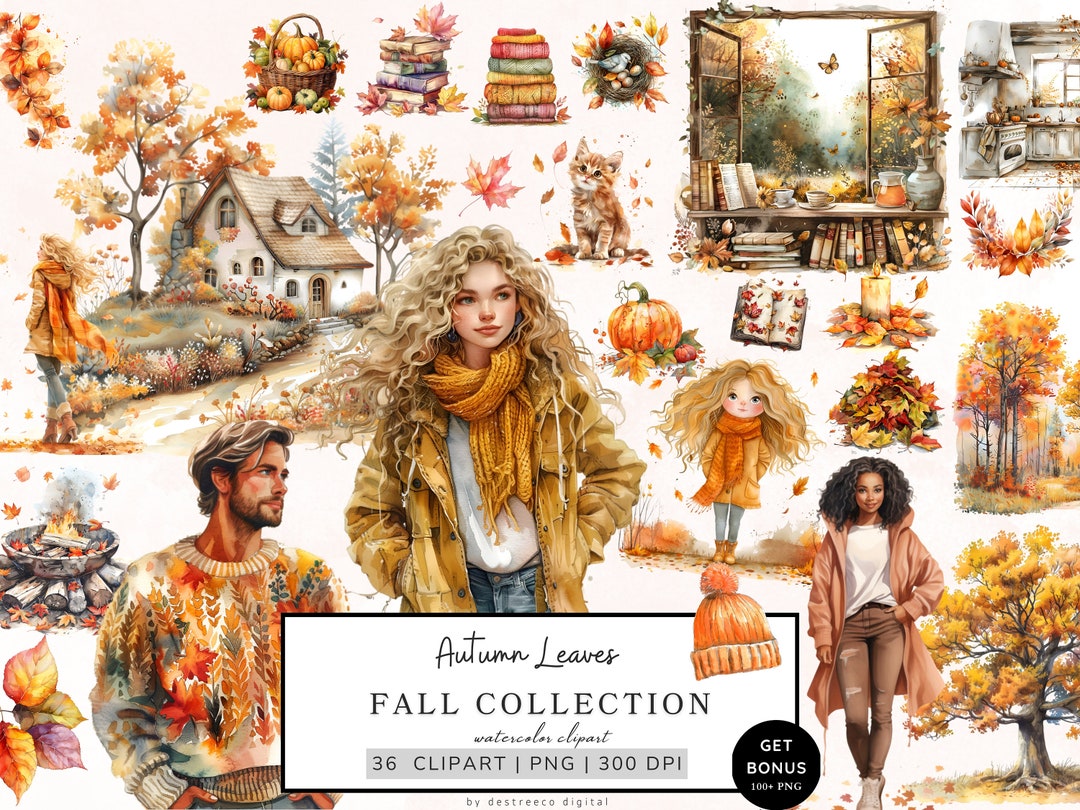Watercolor Autumn Clipart, Autumn Leaves Png Bundle, Cozy Autumn, Fall ...
