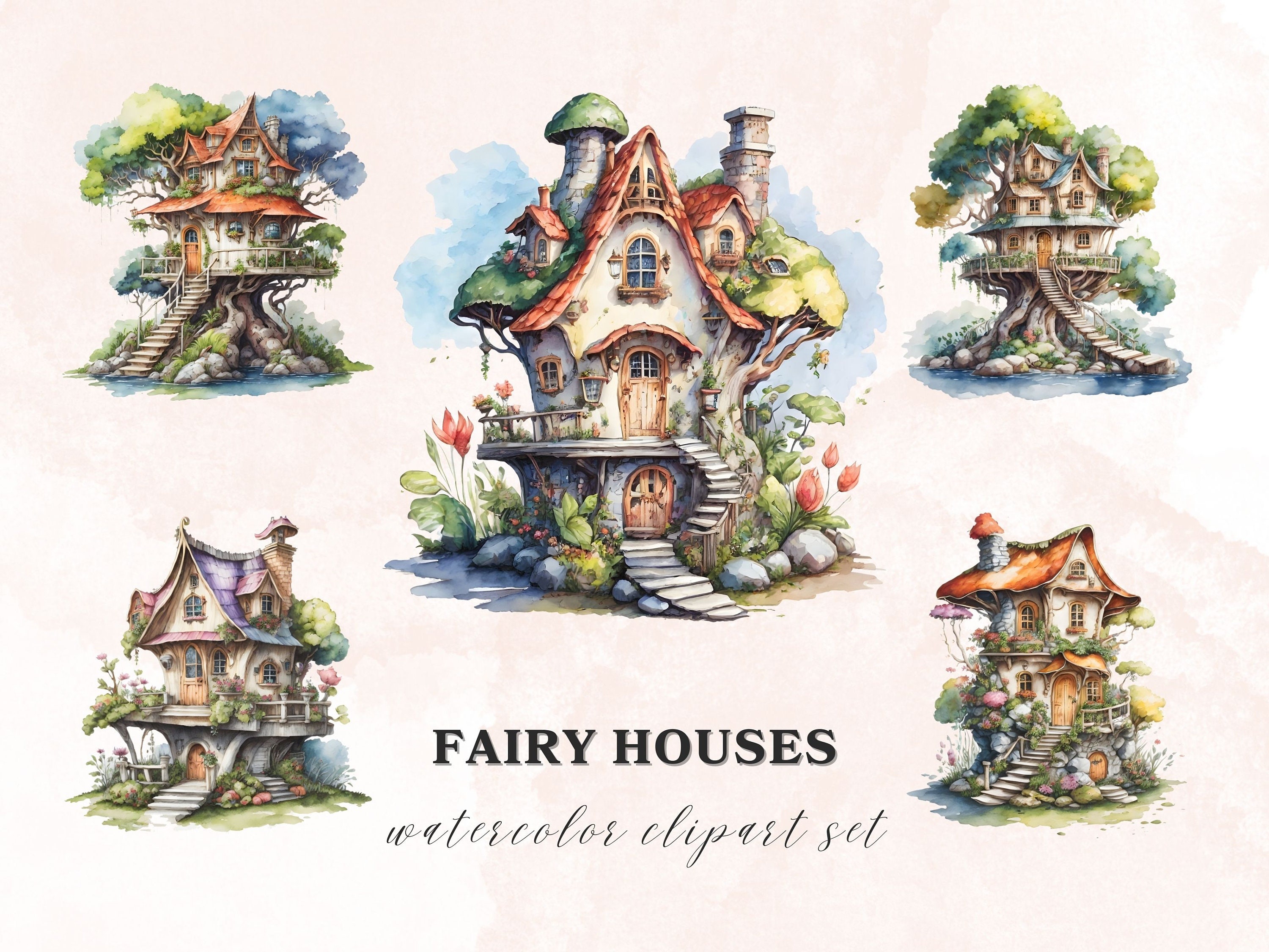Fairy Houses Clipart, Watercolor Fairy Villages Clipart Bundle, 16 ...