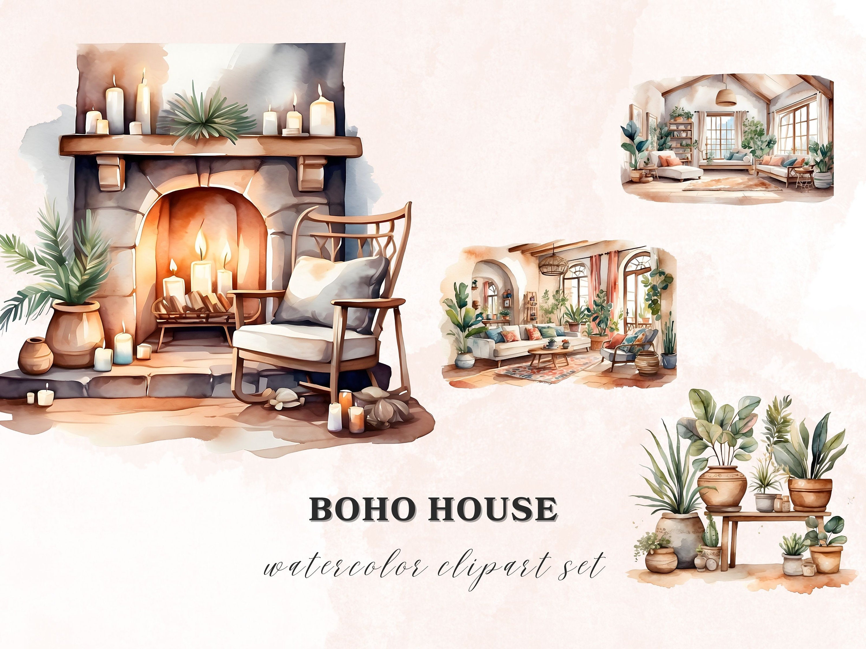 Watercolor Boho House Clipart, Rustic Cozy Boho Decor Clipart Bundle ...