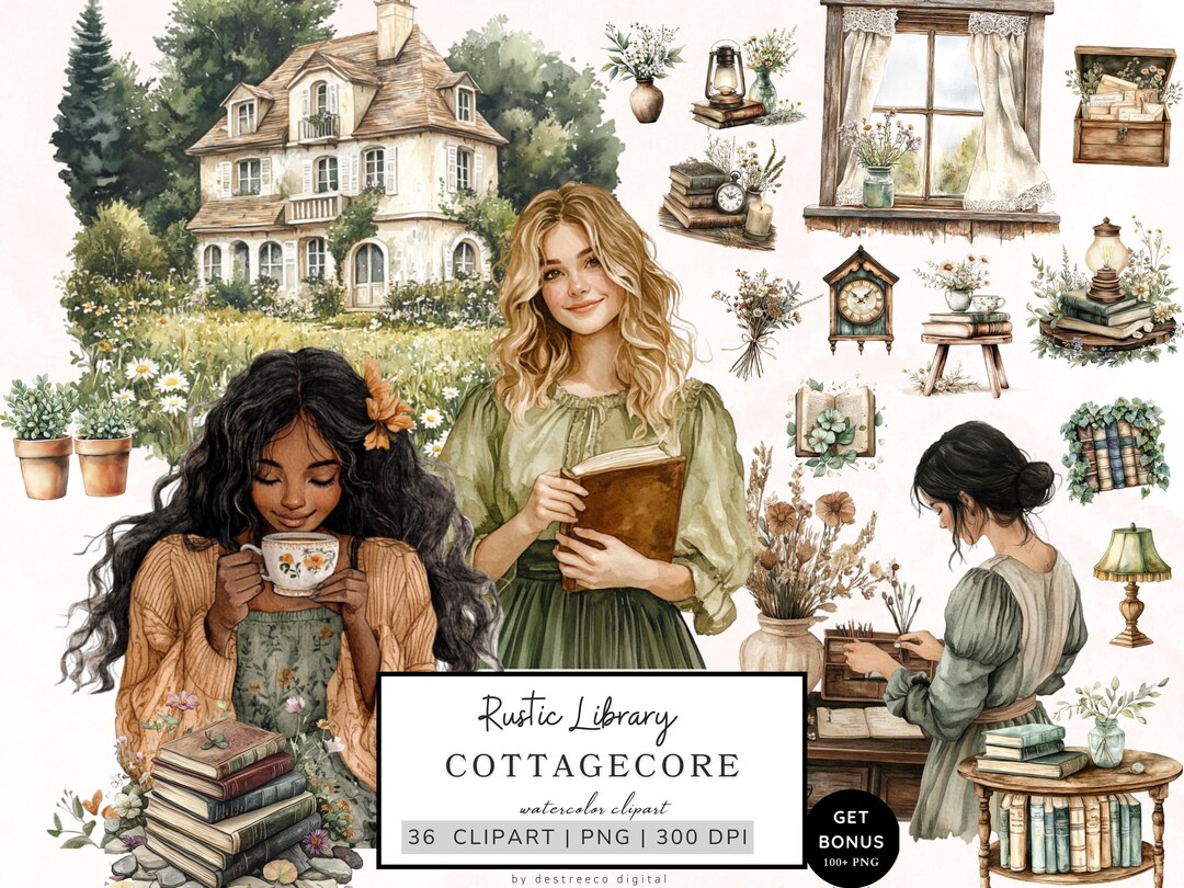Cottagecore Clipart, Rustic Library Clipart, Cozy Cottage Graphics ...