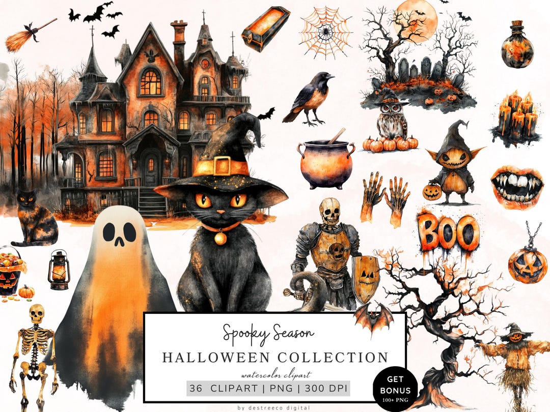 Watercolor Halloween Clipart, Spooky Season Png Bundle, Cute Fall ...