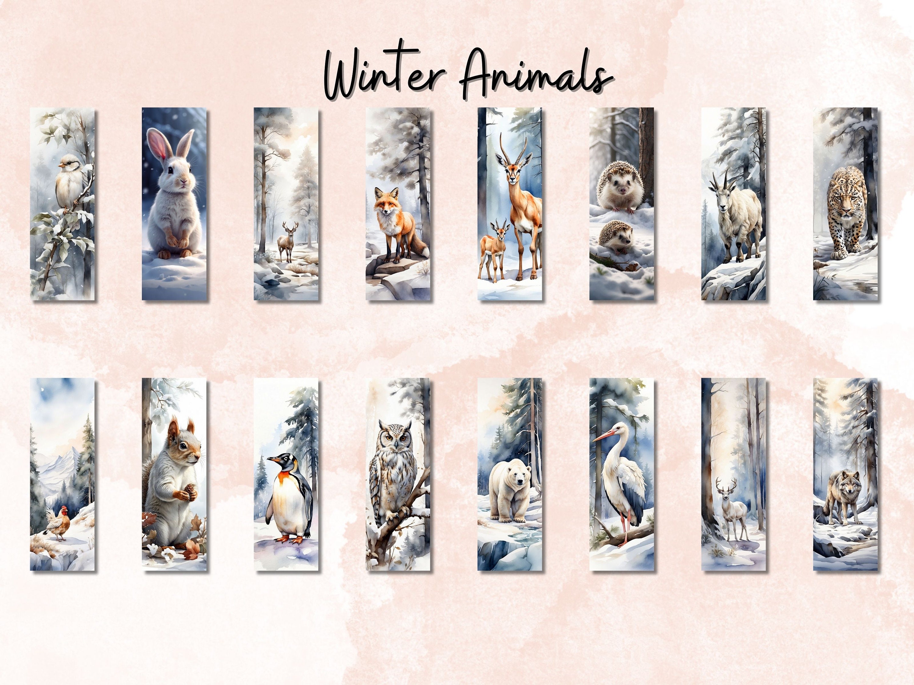 16 Winter Animals Printable Bookmarks, Watercolor Bookmark Sheets, PNG ...