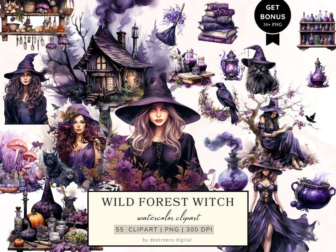 Watercolor Wild Forest Witch Clipart, Magic Witch PNG Clipart Bundle ...