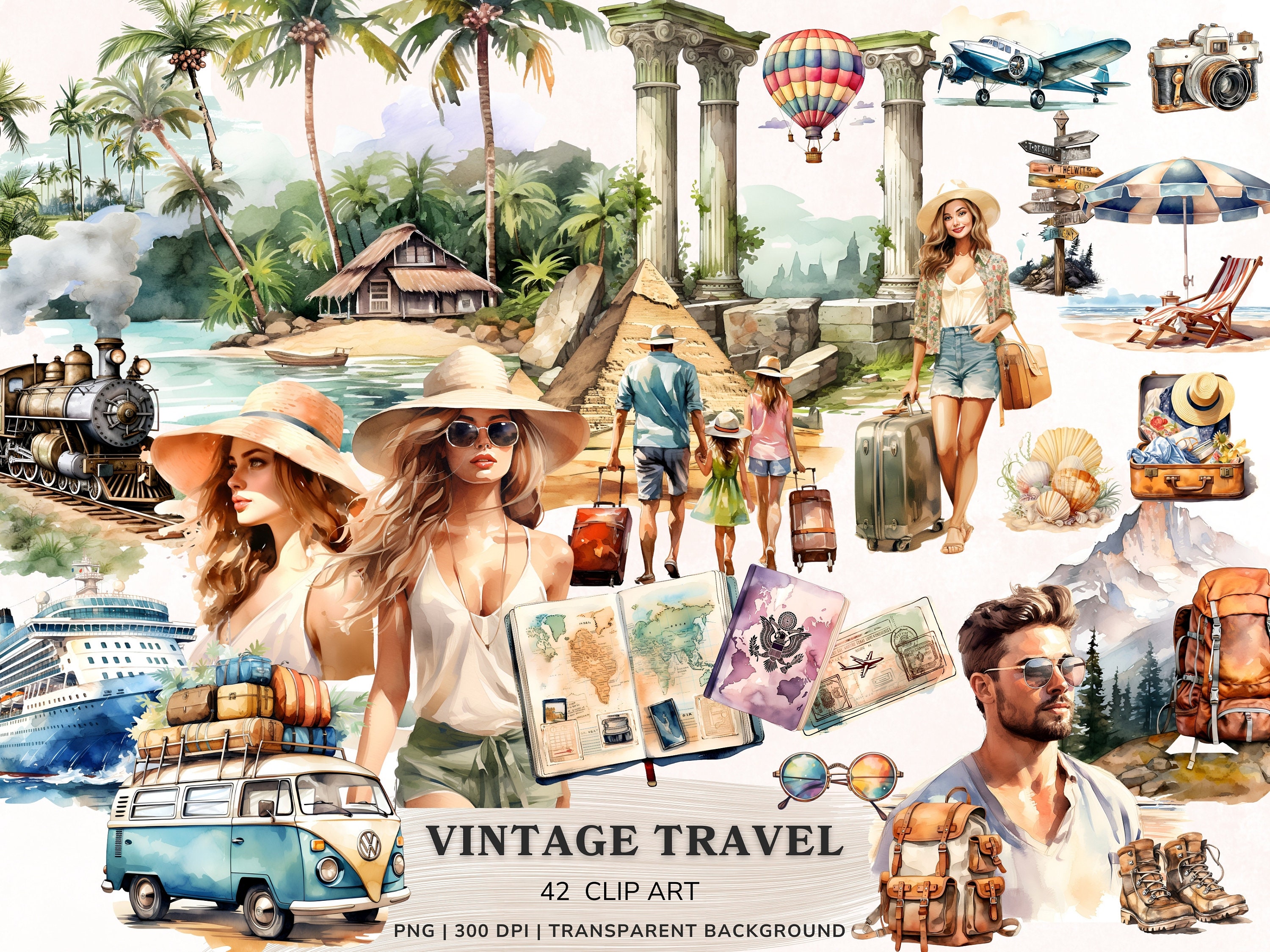 Watercolor Vintage Travel Clipart, Summer Vacation Holiday Graphics ...