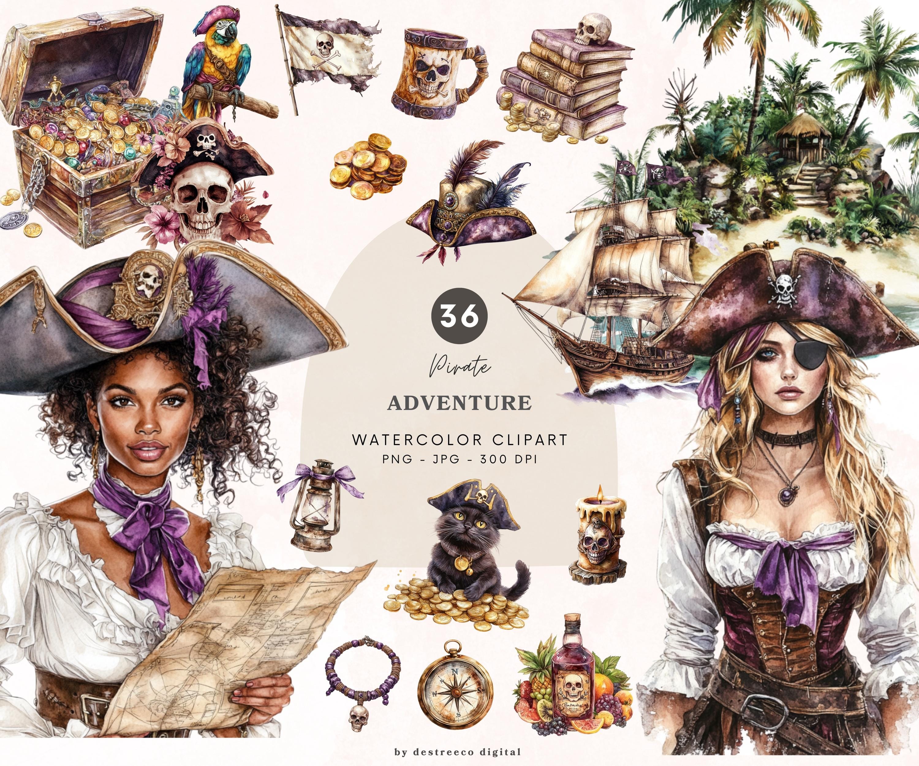 Watercolor Pirate Adventure Clipart, Vintage Pirates Png Bundle, Cozy ...