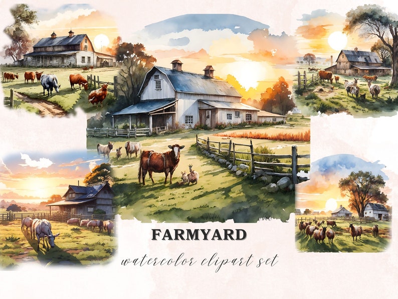 Farmhouse in Sunrise Clipart, Farmyard Watercolor Clipart Bundle, 16 ...