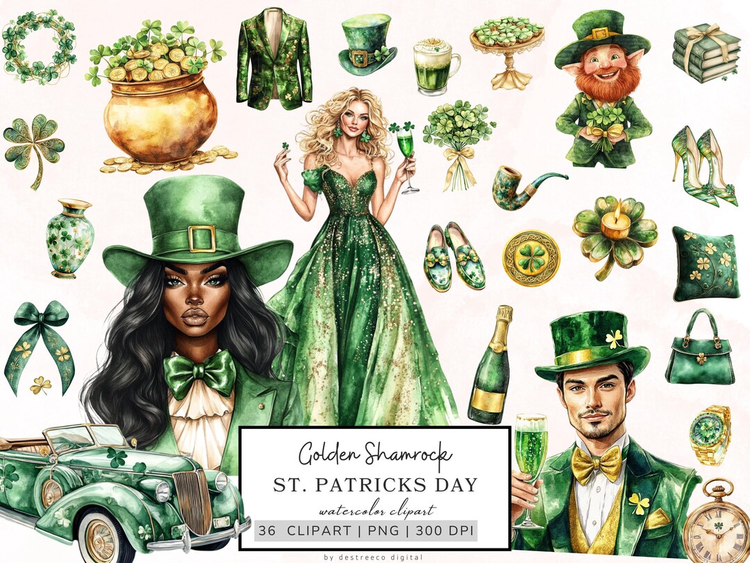 St Patrick's Day Clipart, Golden Shamrock Png, Irish Green Patrick Clipart, Lucky Clover Png ...