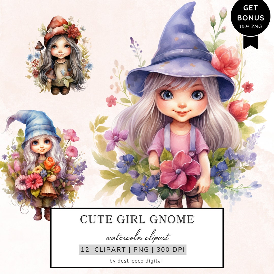 Gnome Clipart, Cute Girl Gnome Bundle, Watercolor Gnome Png, Spring ...