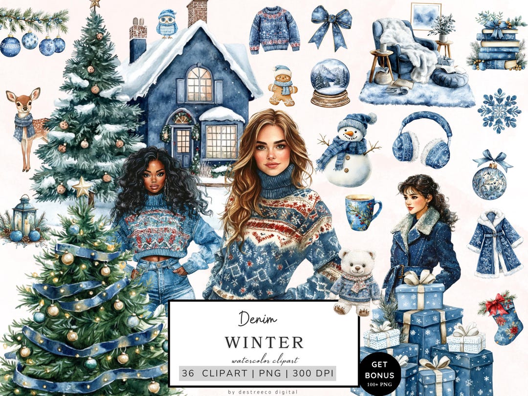 Winter Clipart Bundle, Cozy Christmas Clipart, Winter Clipart, Denim ...