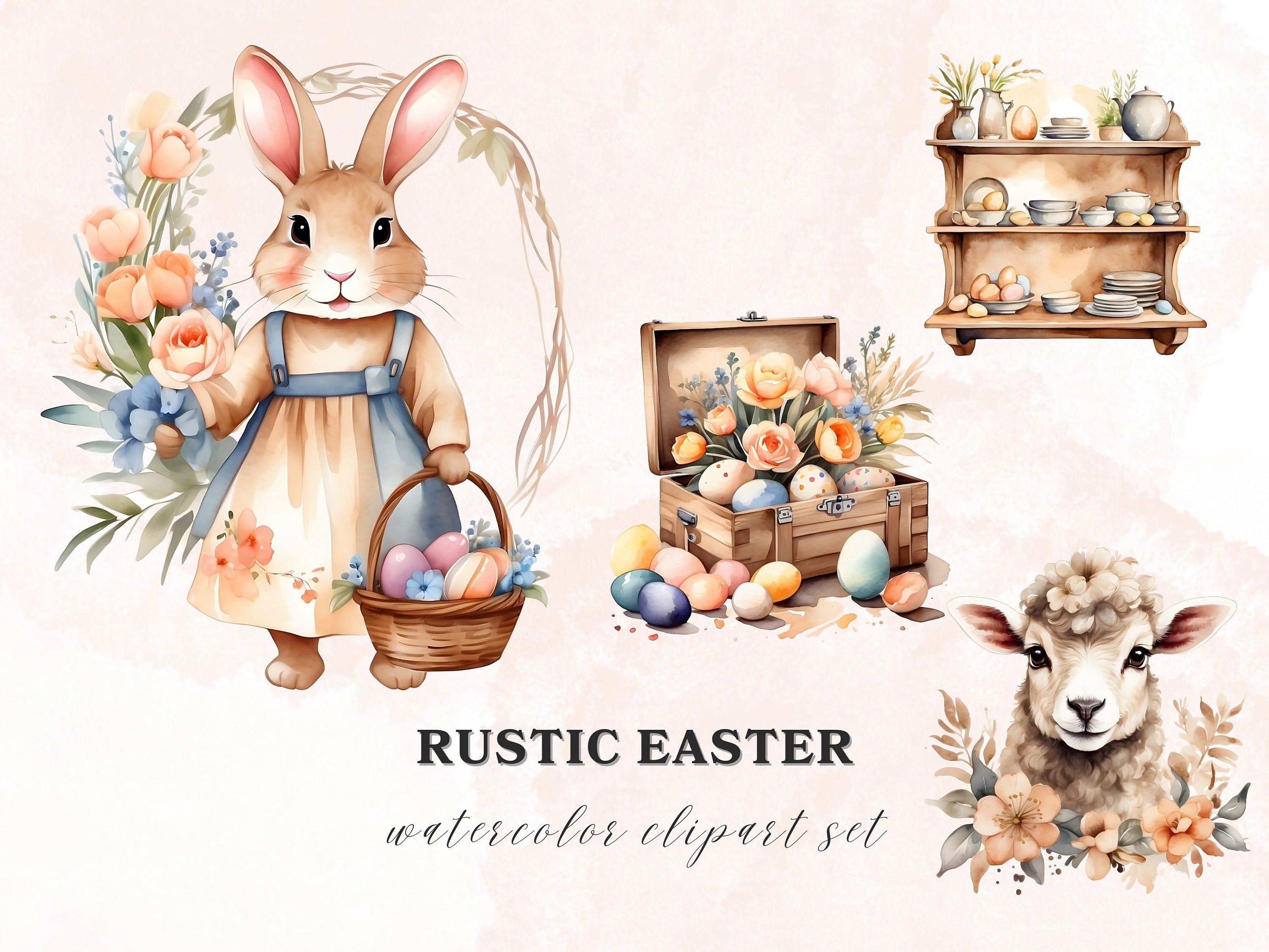 Rustic Easter Clipart, Watercolor Easter Clipart Bundle, Easter Bunny ...