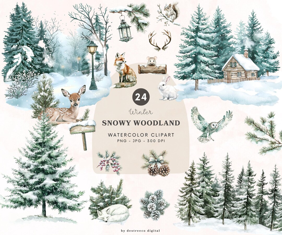 Watercolor Snowy Woodland Winter Clipart, Winter Pine Clipart, Winter ...