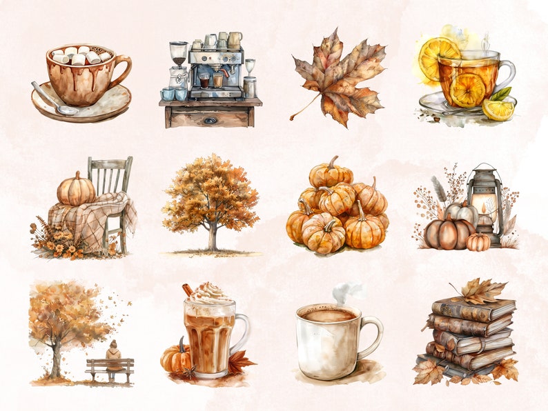 Watercolor Autumn Clipart, Fall Coffee Png Bundle, Cozy Autumn, Fall ...