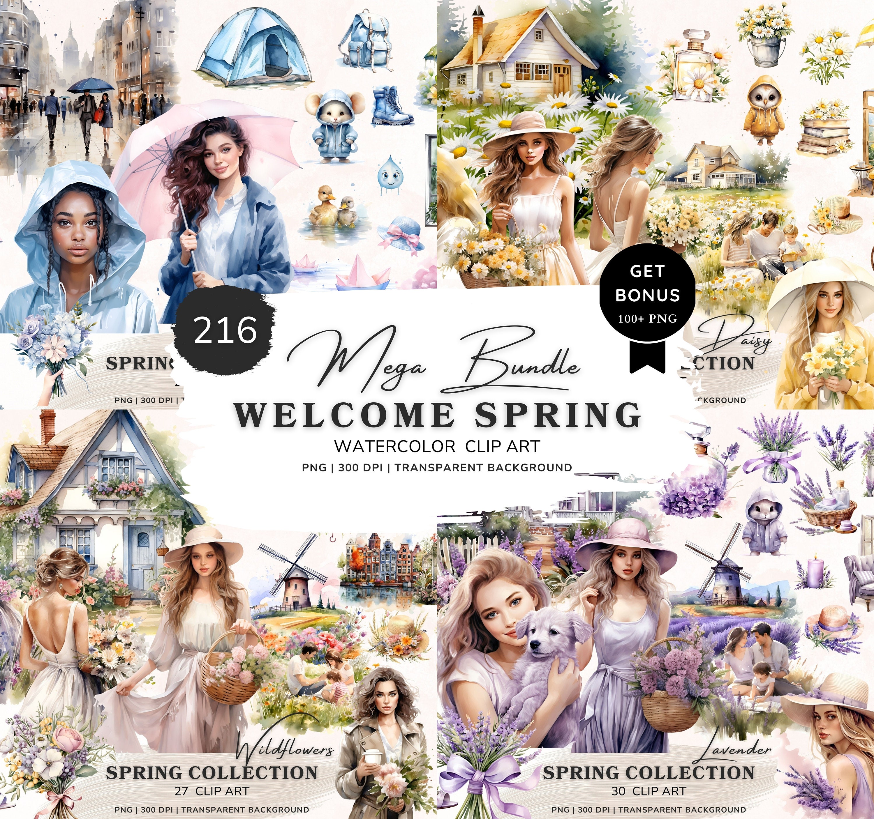 Welcome Spring Clipart Bundle, Watercolor Spring Gardening Clipart ...