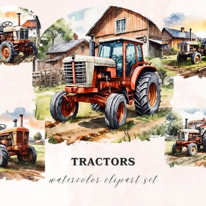Tractor Clipart, Farm Tractor Watercolor Clipart Bundle, 16 PNG Farm Nursery Decor, Truck ...