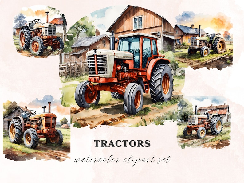 Tractor Clipart, Farm Tractor Watercolor Clipart Bundle, 16 PNG Farm ...