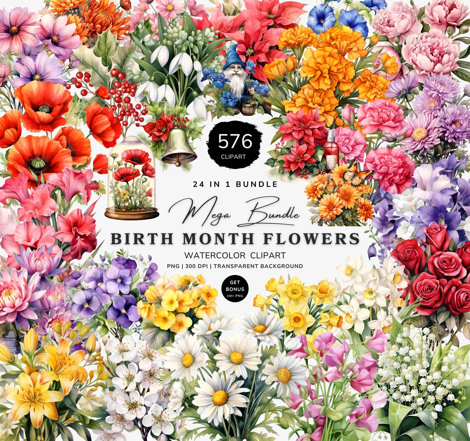 Birth Month Flower Clipart Bundle, Birth Flowers Kit, Birth Flower PNG ...