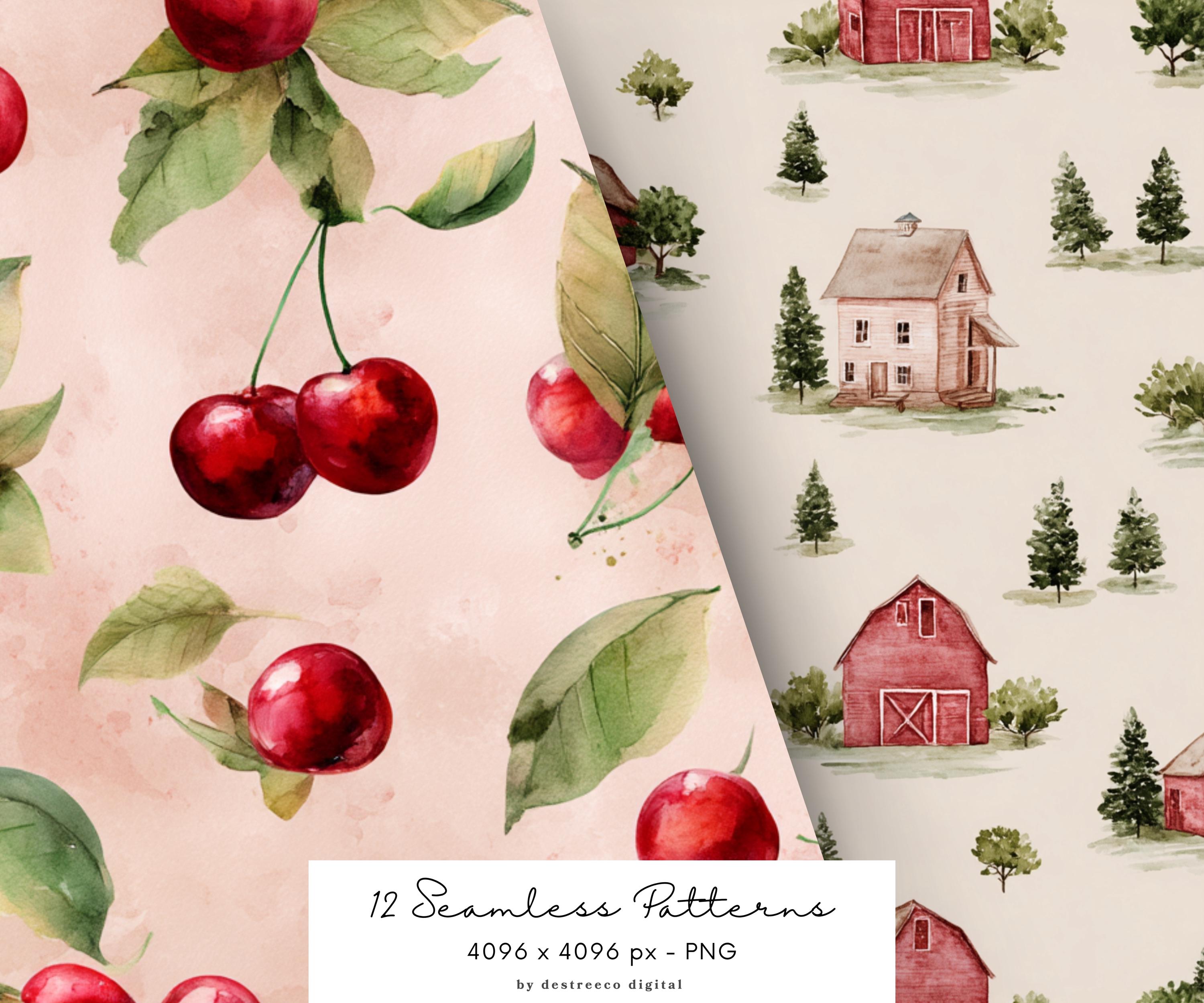 Watercolor Cherry Farm Seamless Patterns, Pastel Country Background ...
