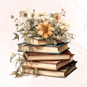 Vintage Floral Stacked Books Clipart, Books Clipart Bundle, Reading ...