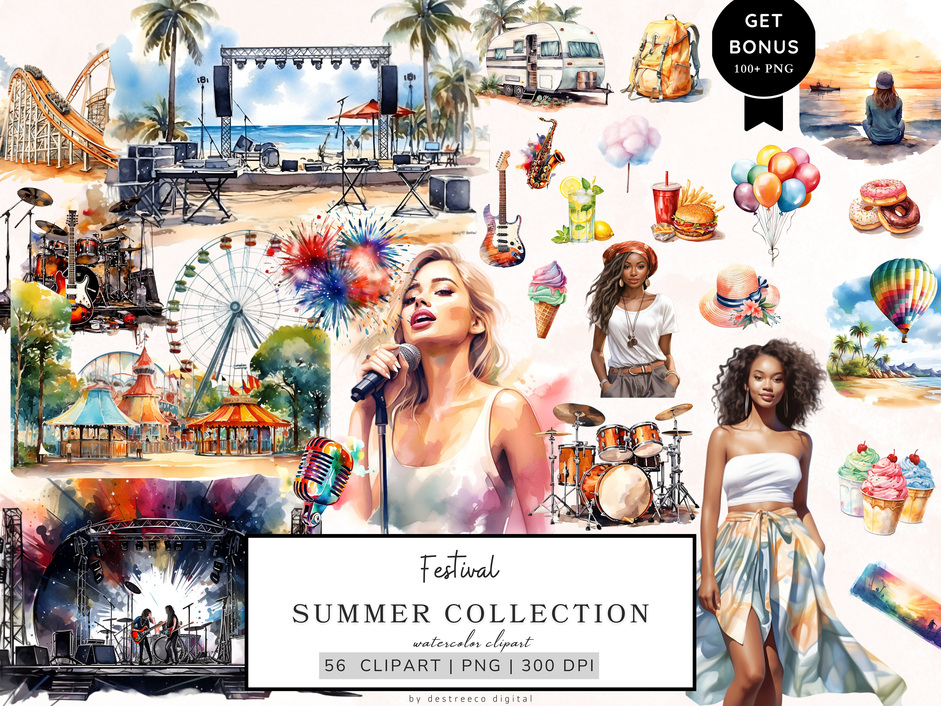 Watercolor Summer Clipart, Festival Clipart, Travel Clipart, Beach ...