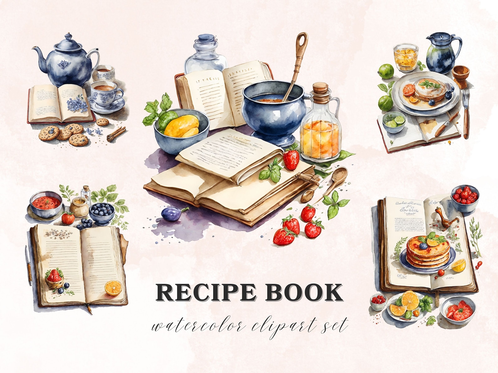 Watercolor Clipart Recipe Book, Cookbook PNG Clipart Collection ...