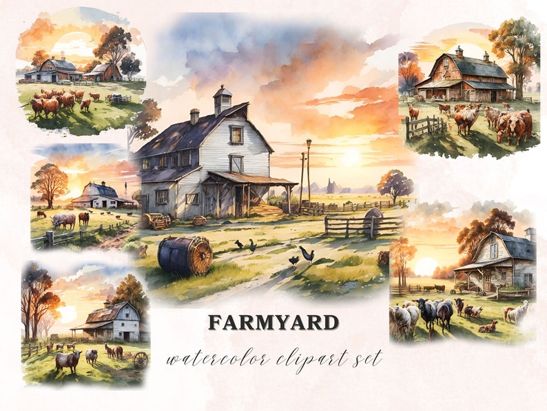 Farmhouse in Sunrise Clipart, Farmyard Watercolor Clipart Bundle, 16 ...