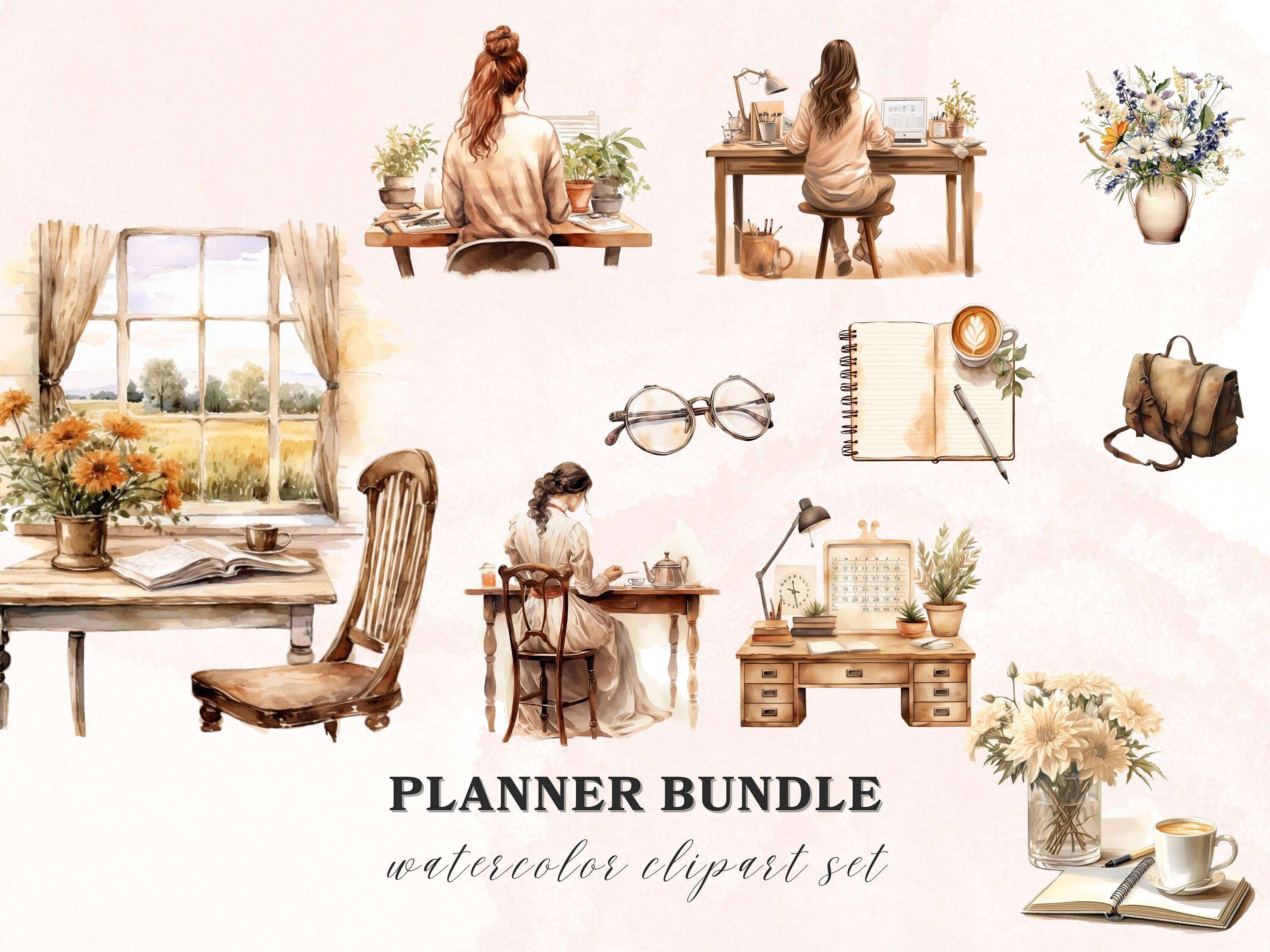Watercolor Beige Planner Girl Clipart, Planning Clipart, Journal ...