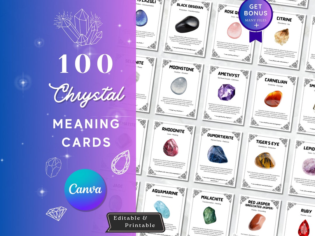 100 Editable Crystal Meaning Cards, Printable Gemstone Meaning Cards ...