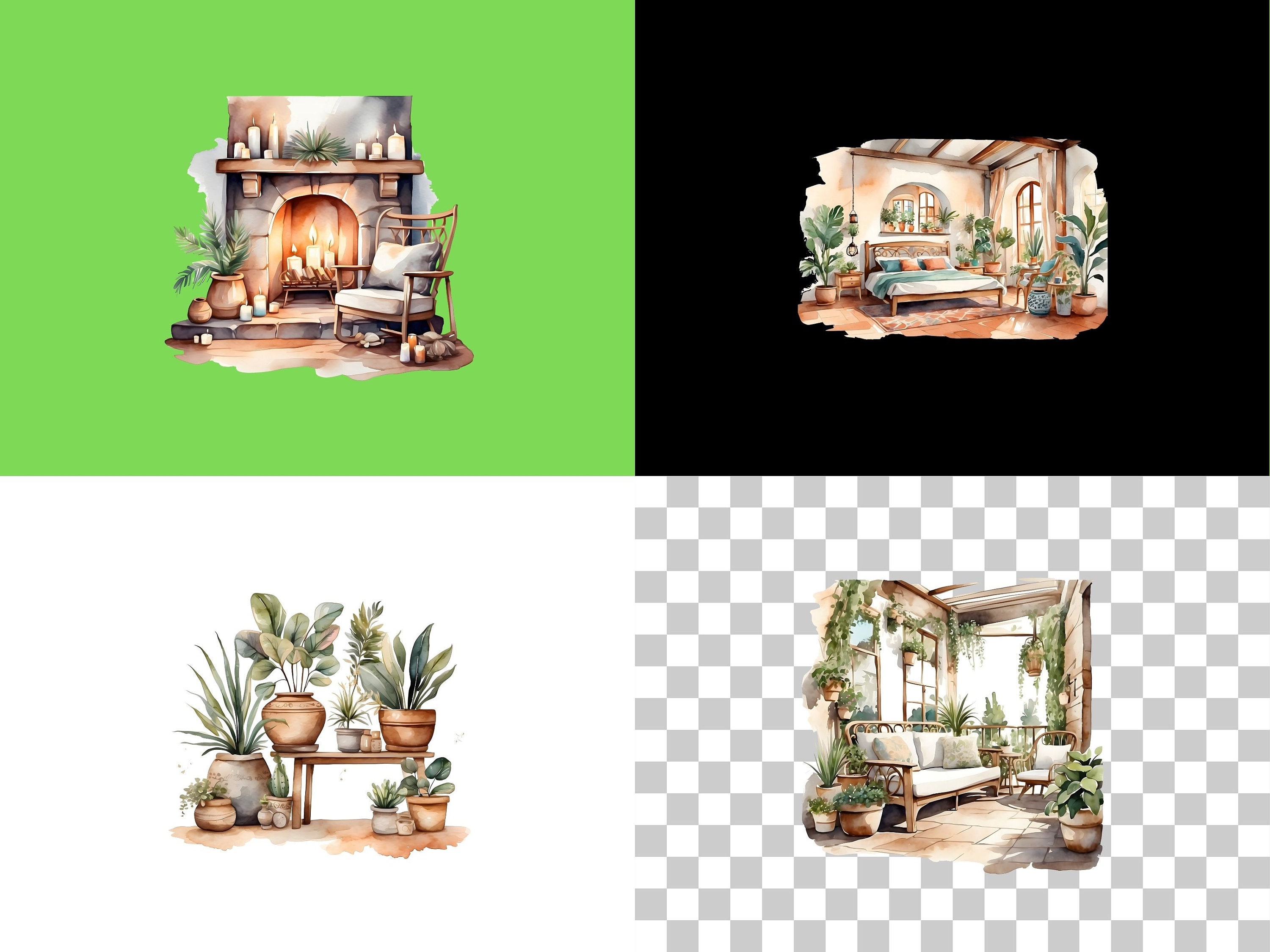 Watercolor Boho House Clipart, Rustic Cozy Boho Decor Clipart Bundle ...