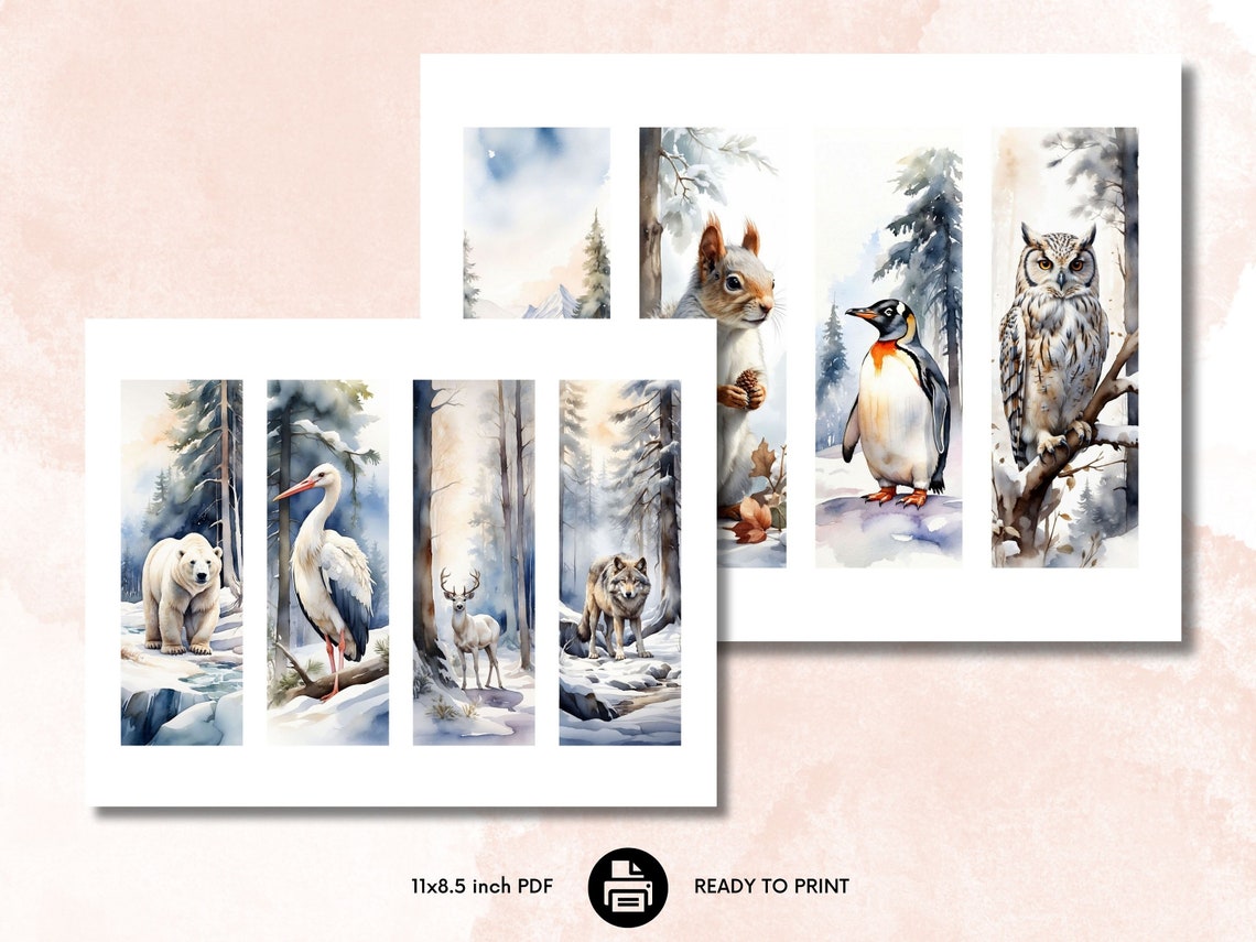 16 Winter Animals Printable Bookmarks, Watercolor Bookmark Sheets, PNG ...