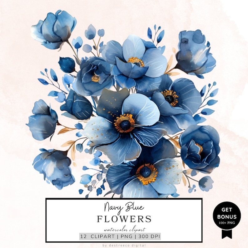 Navy Blue Flowers Clipart, Floral Clipart, Wedding Clipart, Flowers ...