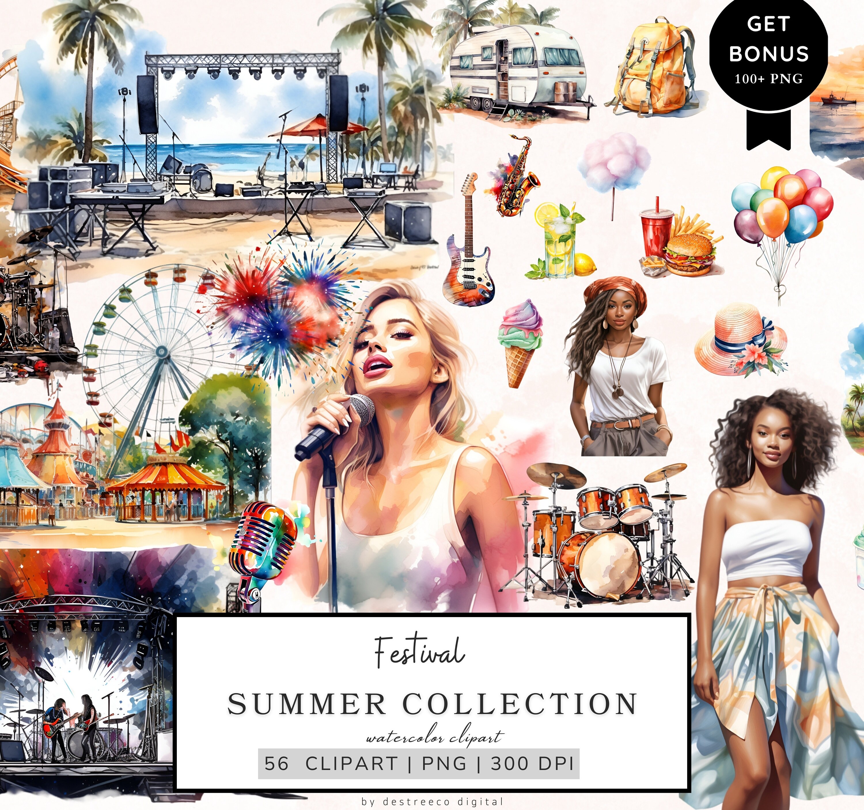 Hello Summer Clipart Bundle, Watercolor Summer Png Graphics, Holiday ...