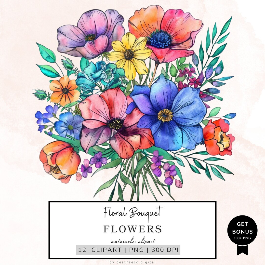 Colorful Flowers Bouquet Clipart, Spring Flowers Clipart, Rainbow ...