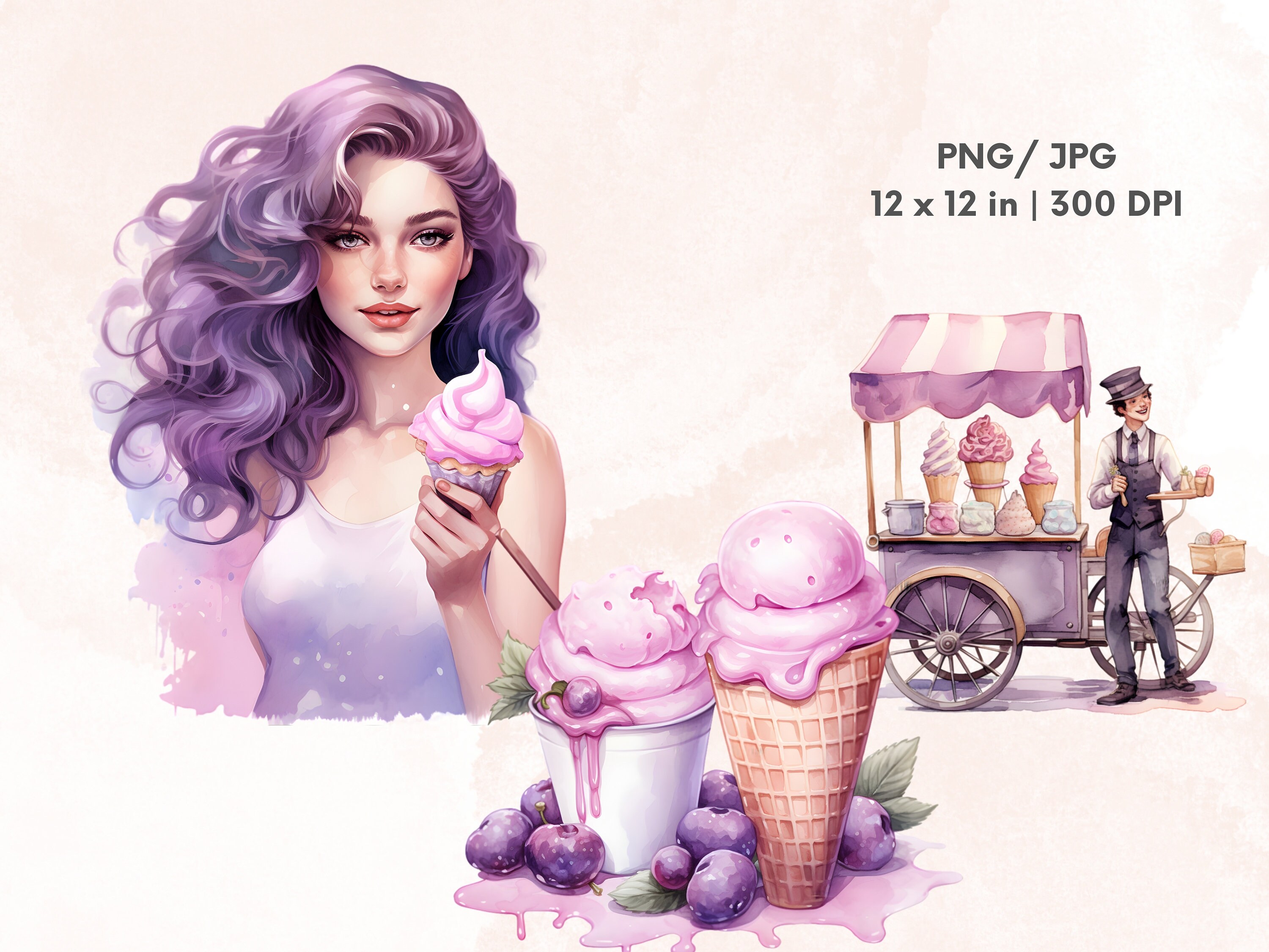 Watercolor Summer Clipart, Ice Cream Clipart, Party Clipart, Pink, Ice ...