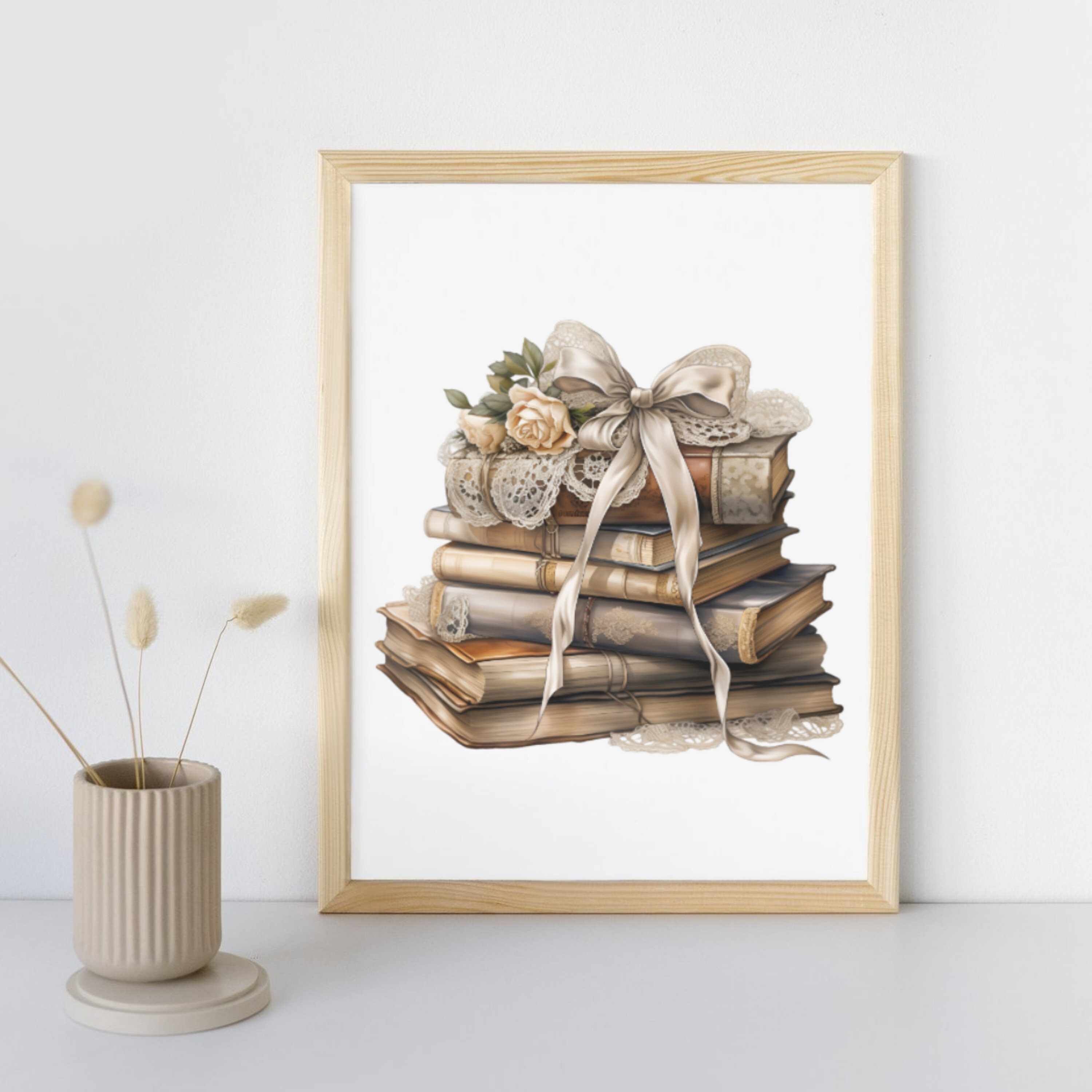 Stacked Books Clipart With Lace, Vintage Books Clipart, Bookworm ...
