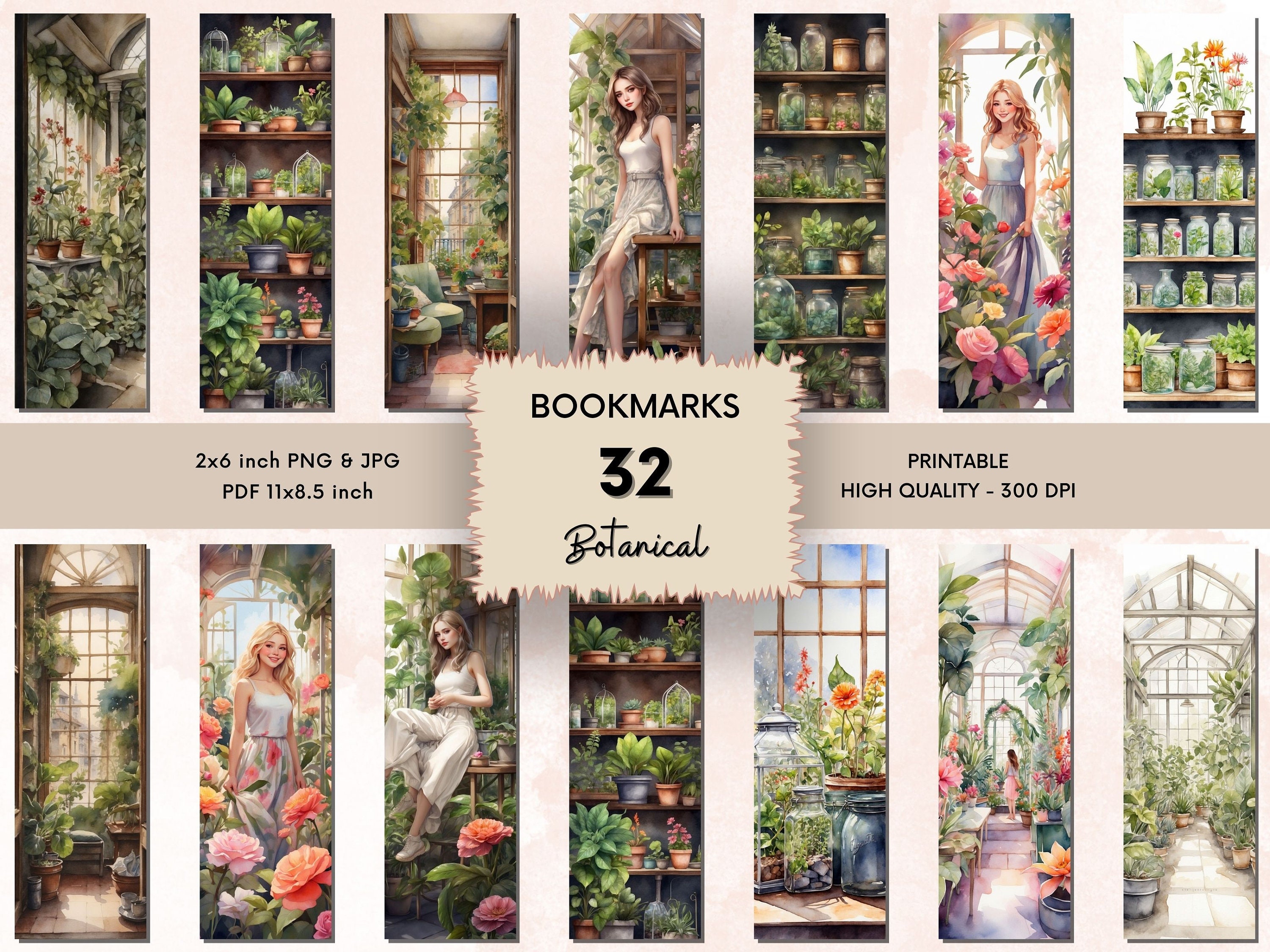 32 Botanical Printable Bookmarks, Bookmark Sheets, PNG Bookmark ...