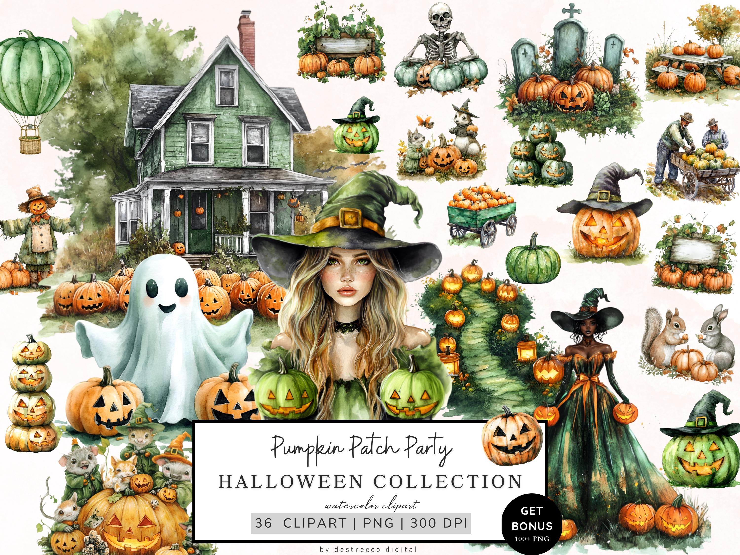 Watercolor Halloween Clipart, Pumpkin Patch Png Bundle, Cute Fall ...