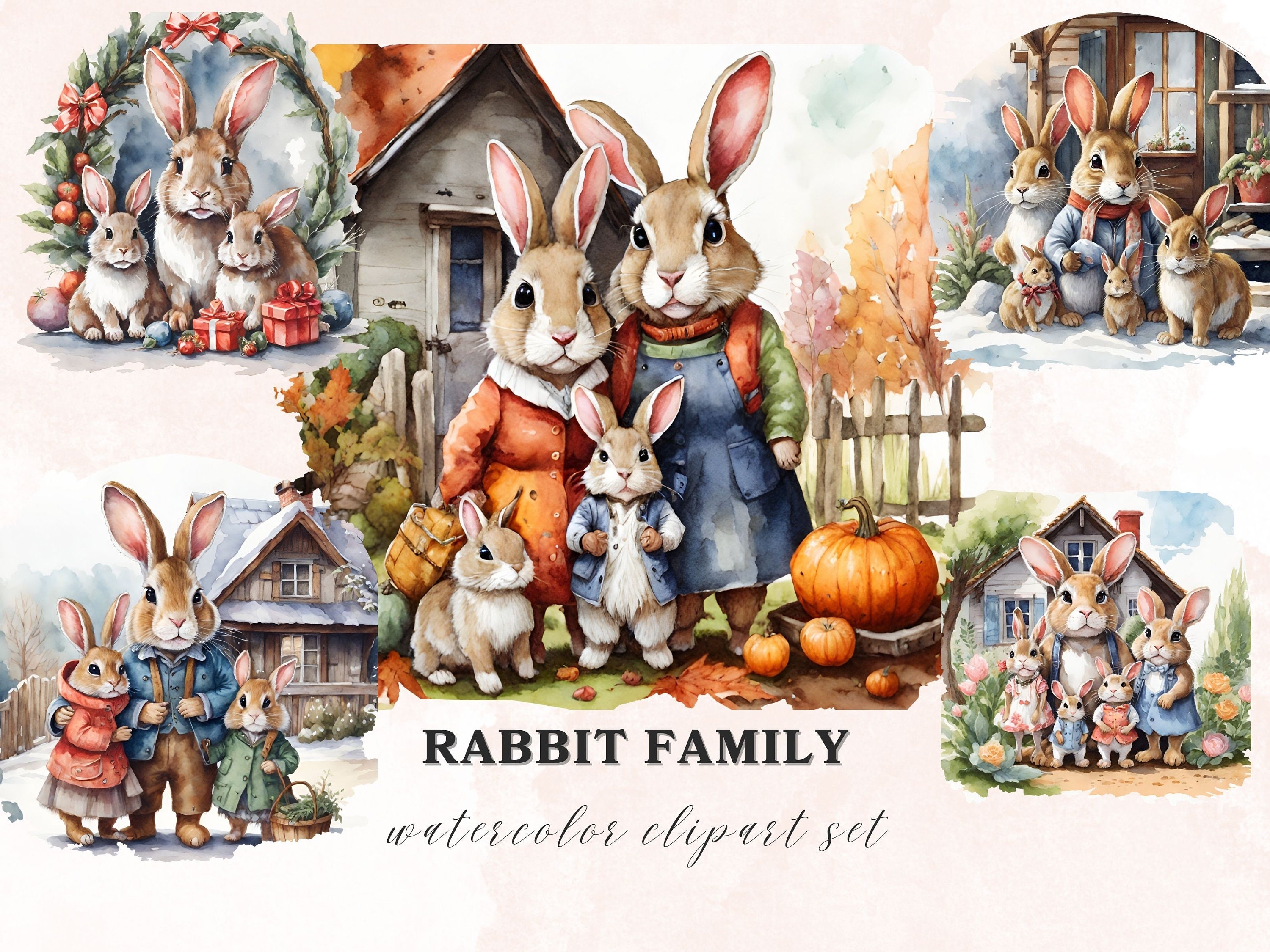 Cute Rabbits Clipart, Bunny Family Watercolor Clipart Bundle, 14 Png ...